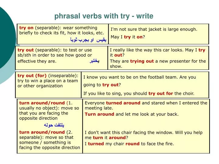 PPT - phrasal verbs with try - write PowerPoint Presentation, free ...