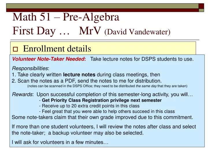 PPT - Math 51 – Pre-Algebra First Day … MrV ( David Vandewater ...