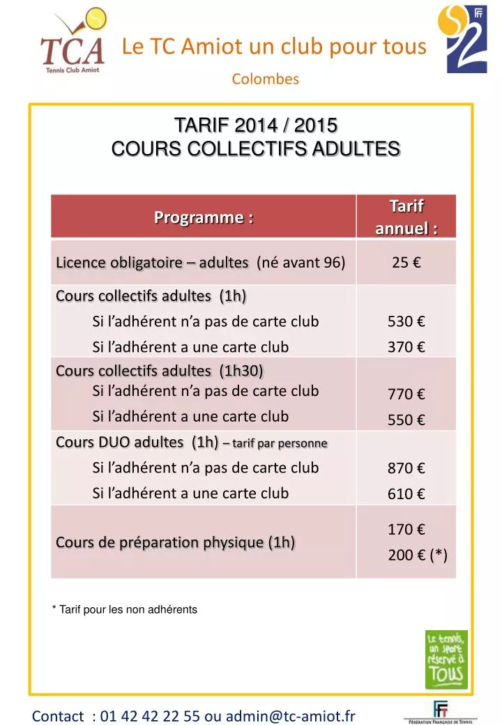 PPT - TARIF 2014 / 2015 COURS COLLECTIFS ADULTES PowerPoint ...
