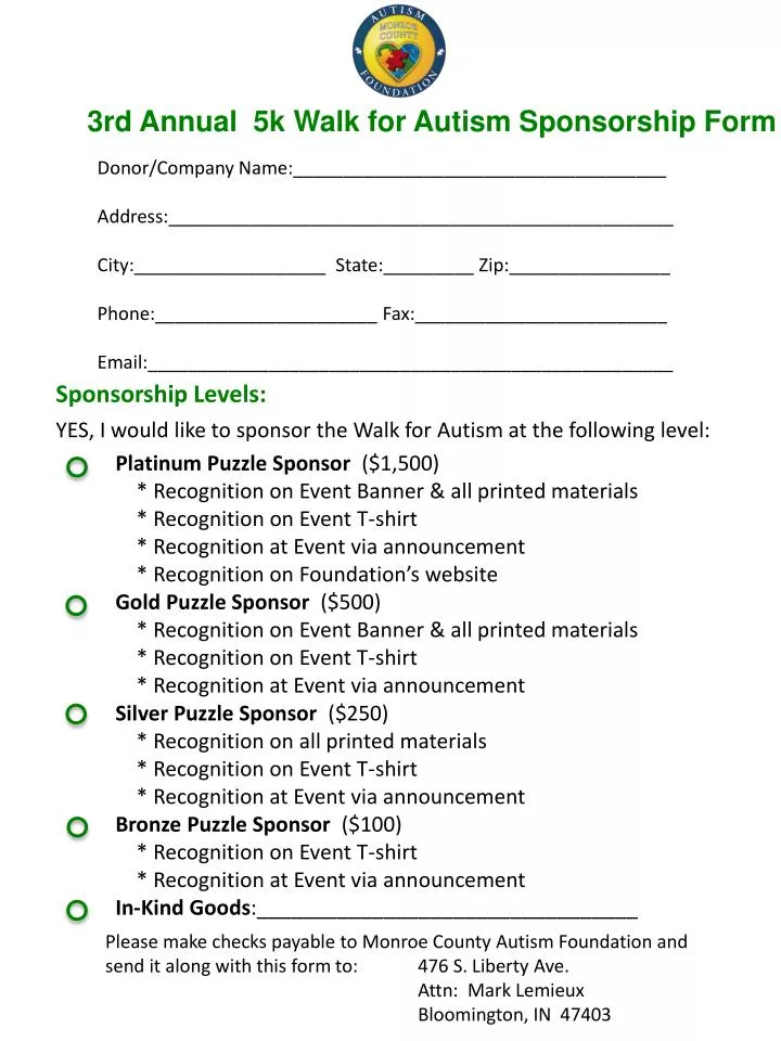 PPT - 3rd Annual 5k Walk for Autism Sponsorship Form PowerPoint ...